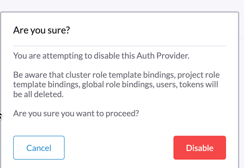[2.6] Add a modal warning for admins who try to disable an auth provider · Issue #8005 · rancher ...