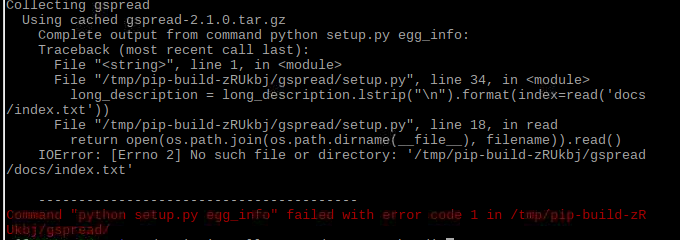 Error installing gSpread with pip. /tmp/pip-build-xxxxx/gspread/docs/index.txt No such file or ...