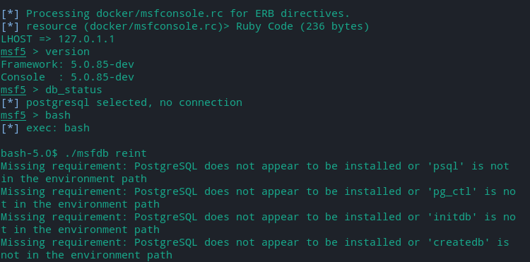 Metasploit Docker Missing Postgresql And No Connection · Issue 13272 · Rapid7 Metasploit