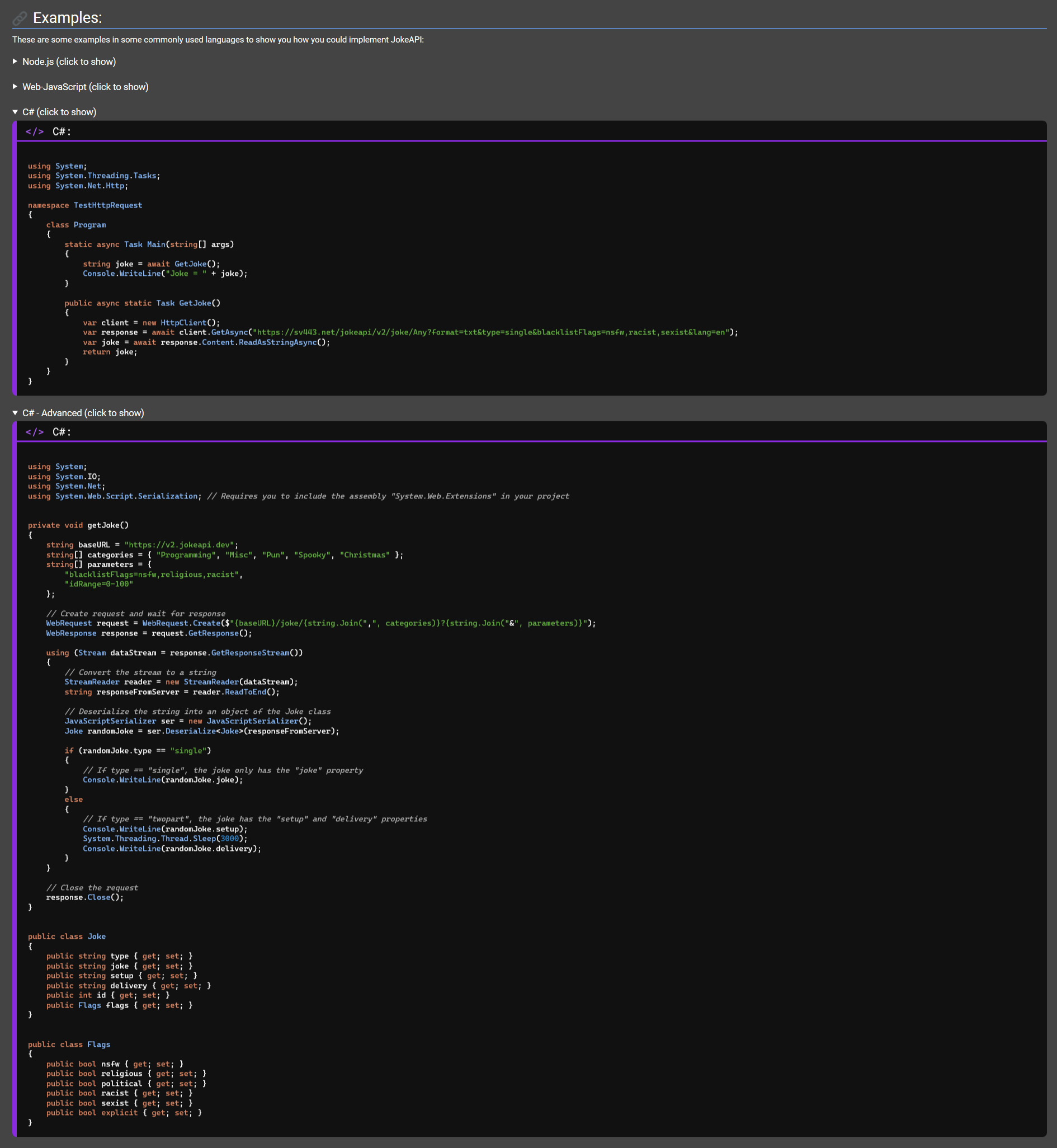 Update C# documentation example · Issue #207 · Sv443-Network/JokeAPI · GitHub