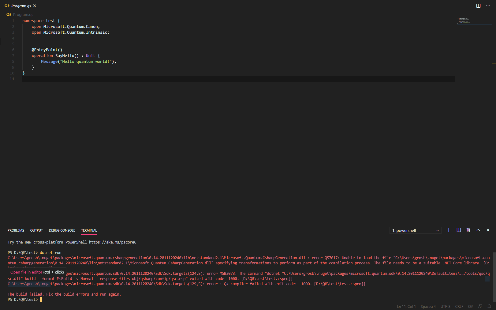 Error When Running Dotnet Run On Hello World Template · Issue 832 · Microsoft Qsharp Compiler