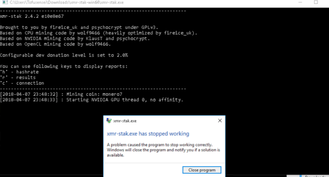 xmr-stak.exe has stopped working on win10 64 bit · Issue #1349 · fireice-uk/xmr-stak · GitHub
