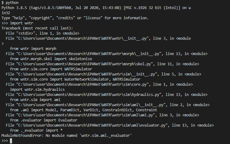 Installation and Import Failure: Missing '_evaluator' Module · Issue #189 · USEPA/WNTR · GitHub