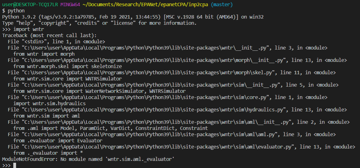 Installation and Import Failure: Missing '_evaluator' Module · Issue #189 · USEPA/WNTR · GitHub