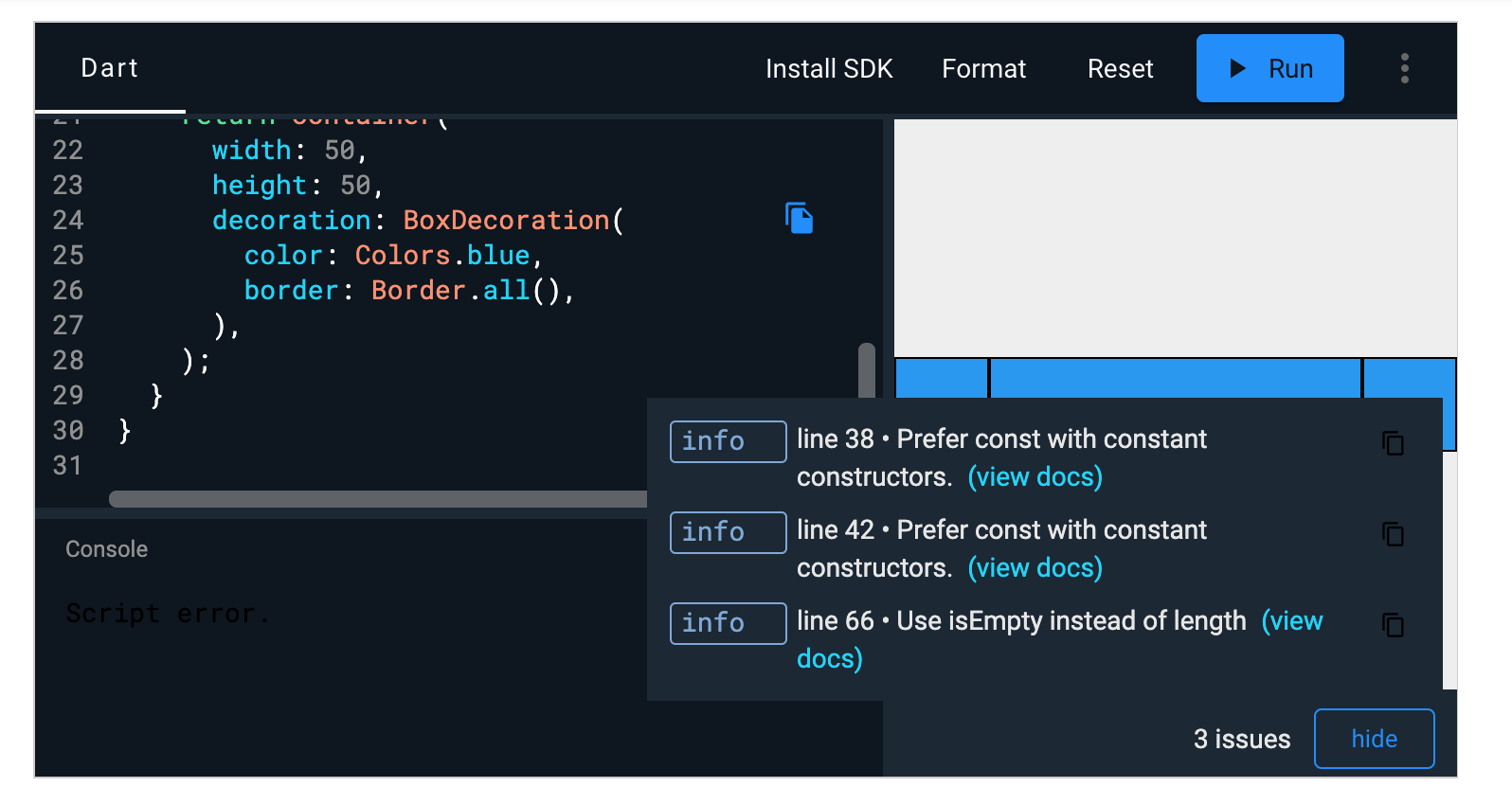 Codelabs Editors Showing Issues · Issue 2231 · Dart Langdart Pad · Github 1233