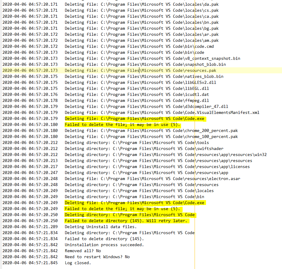 code.exe fails to delete during upgrade/uninstall · Issue #94536 · microsoft/vscode · GitHub