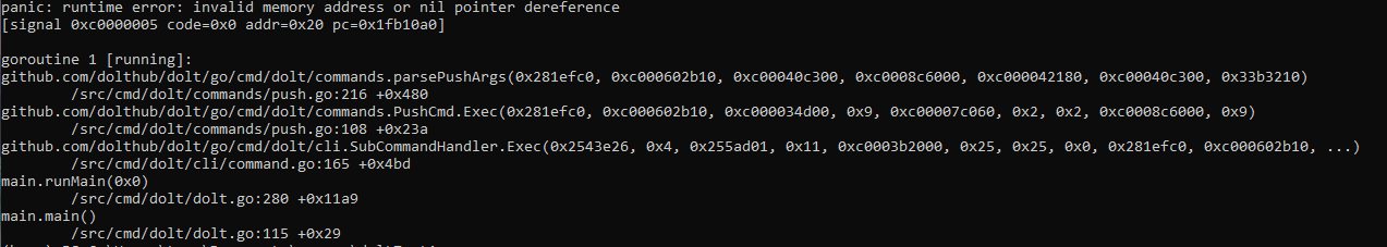 Nil pointer dereference when pushing without specifying branch · Issue #1835 · dolthub/dolt · GitHub