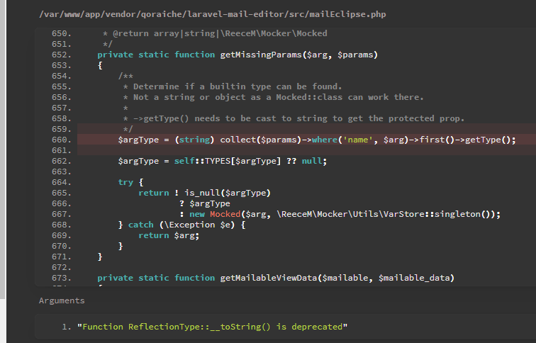 Exception: Function ReflectionType::__toString() is deprecated · Issue #82 · Qoraiche/laravel ...