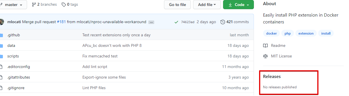 Tag releases on master branch · Issue #168 · mlocati/docker-php-extension-installer · GitHub