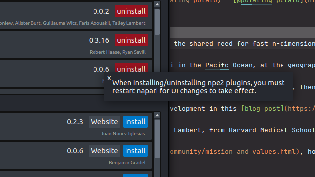 Plugin installation dialog "hang" after uninstall · Issue #5188 · napari/napari · GitHub