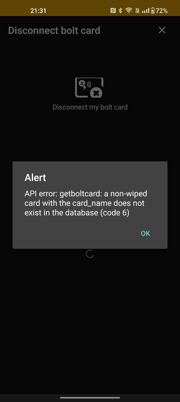 wiping the card in bolt card app has API error · Issue #44 · boltcard/boltcard · GitHub