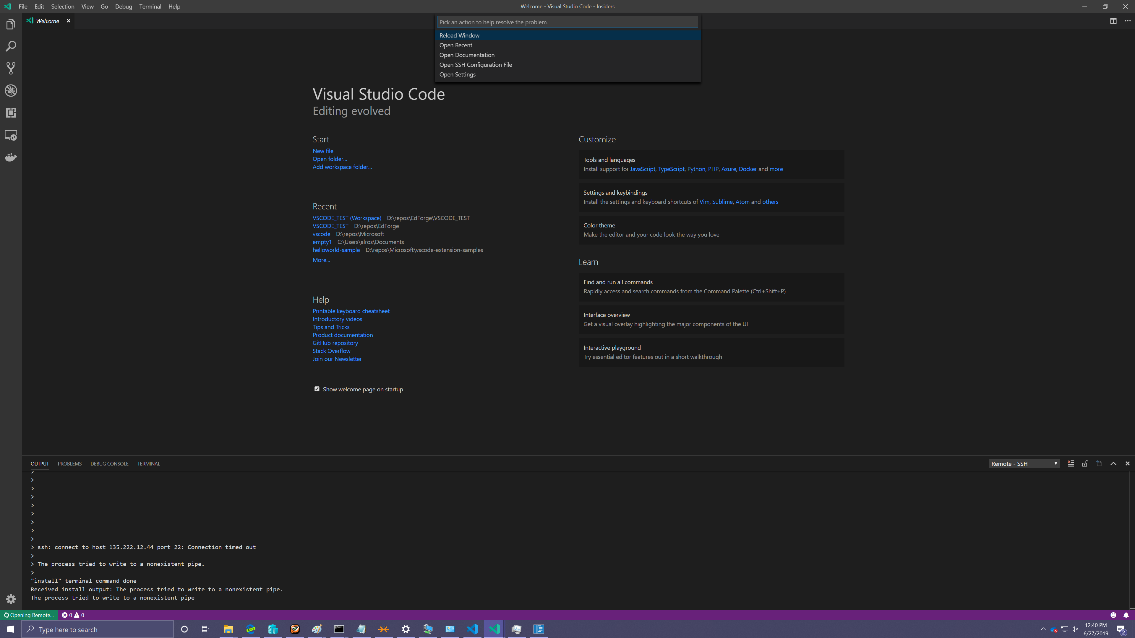 With failed SSH connection, Remote indicator still animated and doesn't say Disconnected while ...