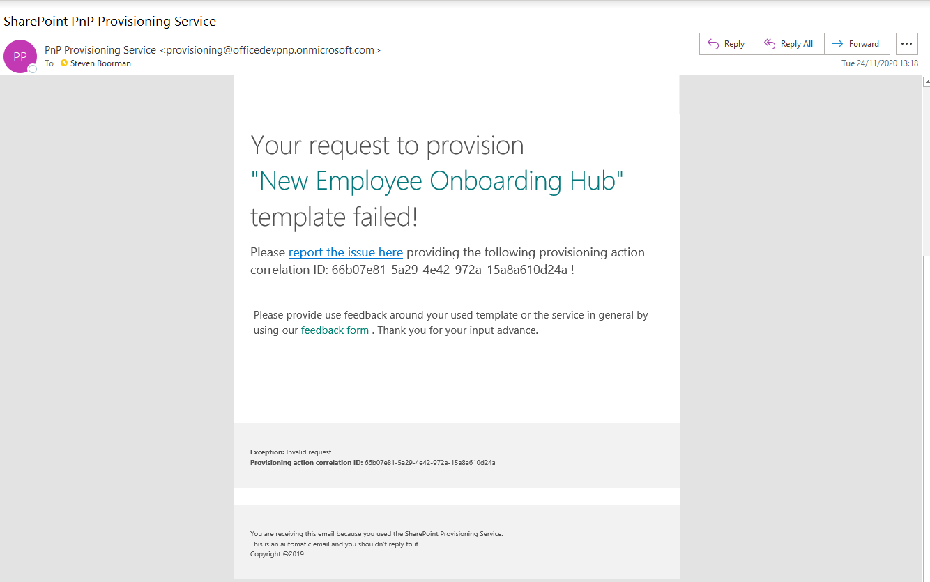 Your request to provision "New Employee Onboarding Hub" template failed ...