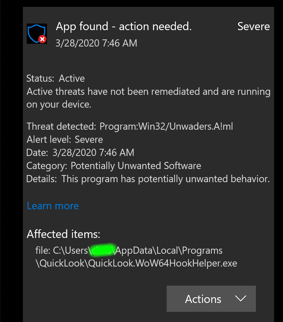 Windows Security detects as Unwaders.A!ml · Issue #622 · QL-Win/QuickLook · GitHub