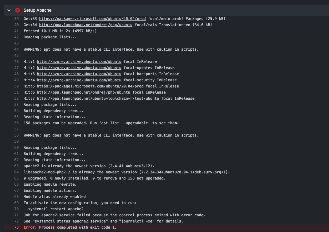 CI issue on 8.0.x. - Job for apache2.service failed because the control ...