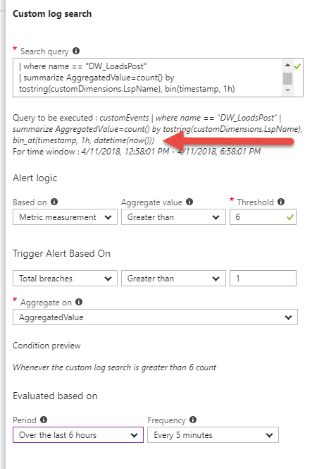 Metric Measurement from Custom Log Query not alerting; appears to be MS injected syntax error ...