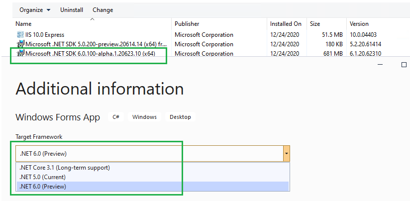 Missing The 6 0 Preview Target Framework Item In The Additional Information Page After