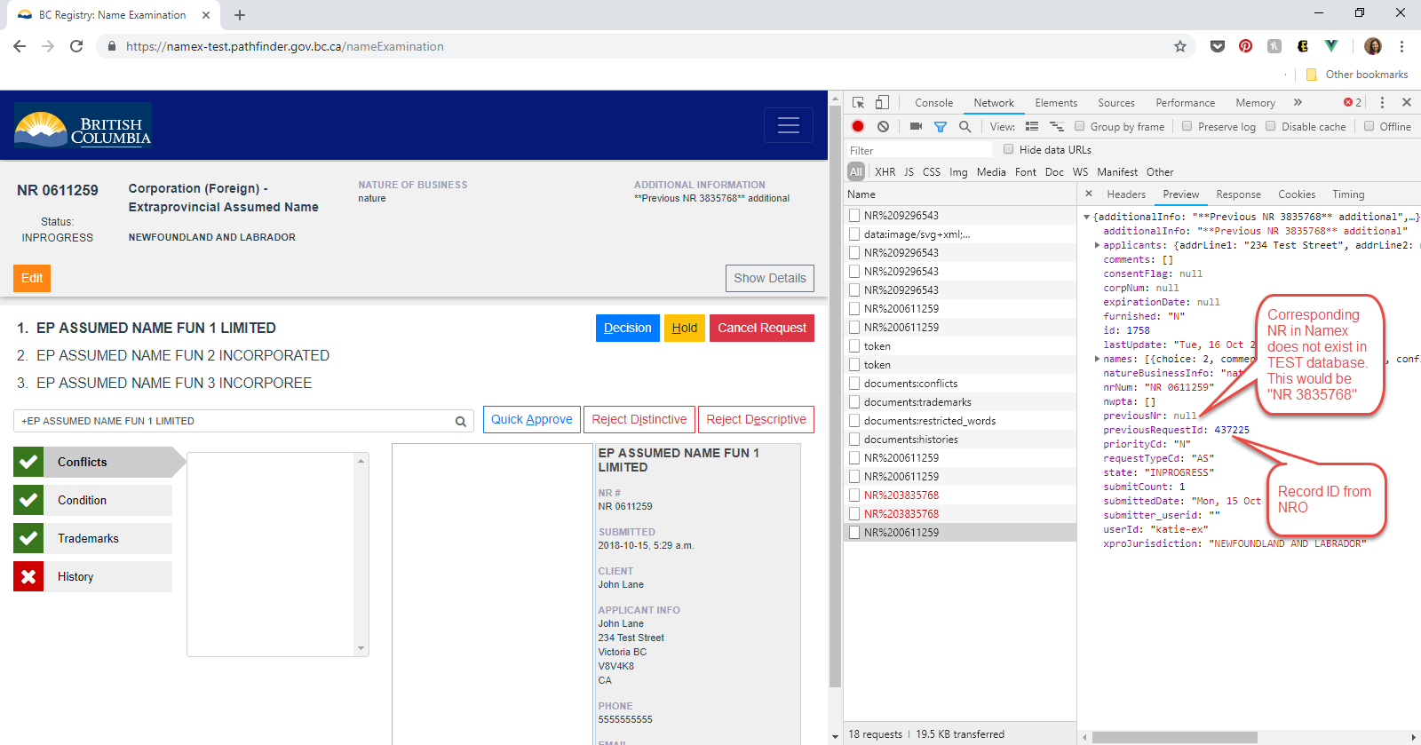 Previous NR is missing in Namex · Issue #1015 · bcgov/name-examination · GitHub