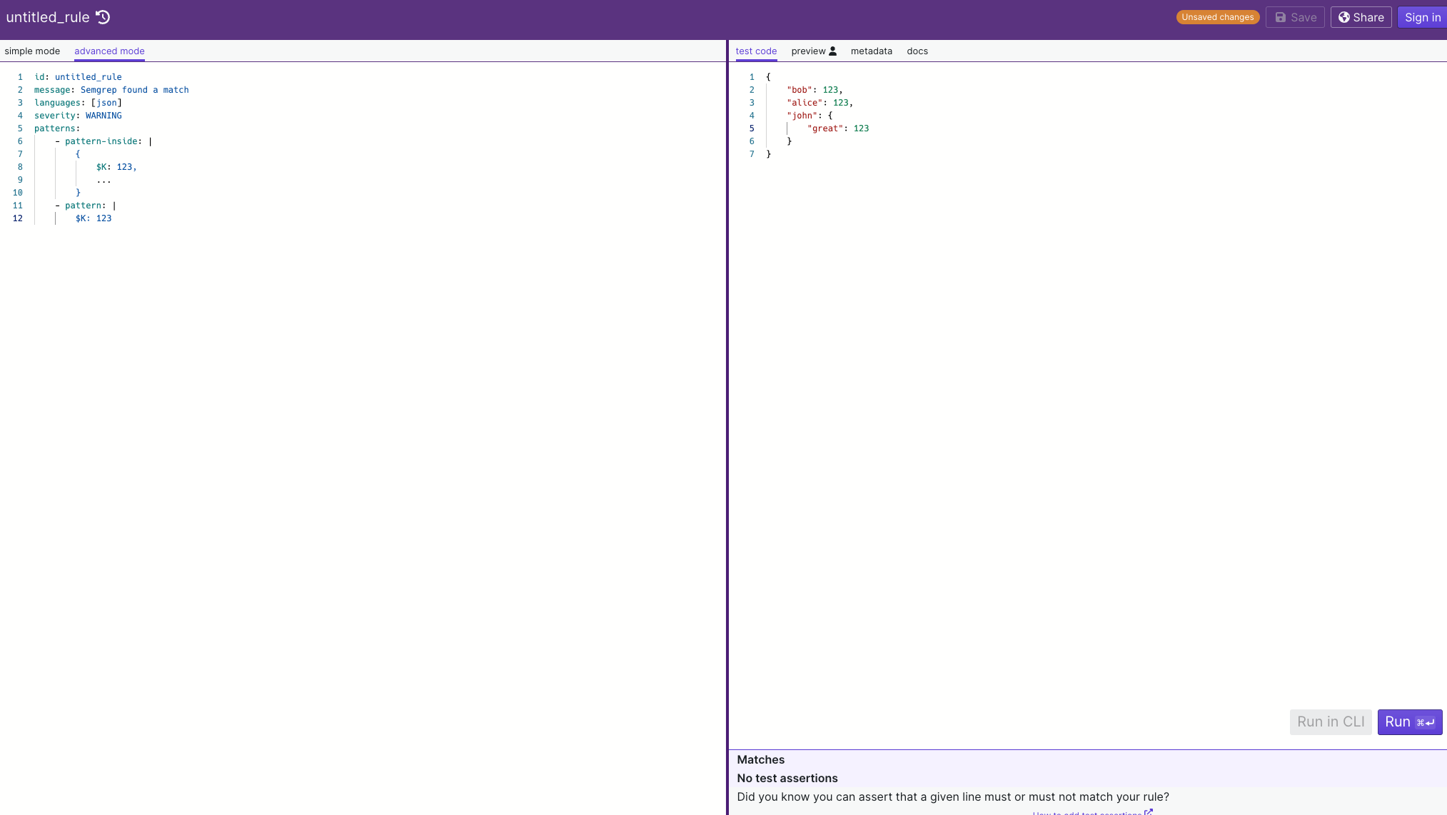 JSON keys bound to metavariables don't unify · Issue #5912 · semgrep/semgrep · GitHub