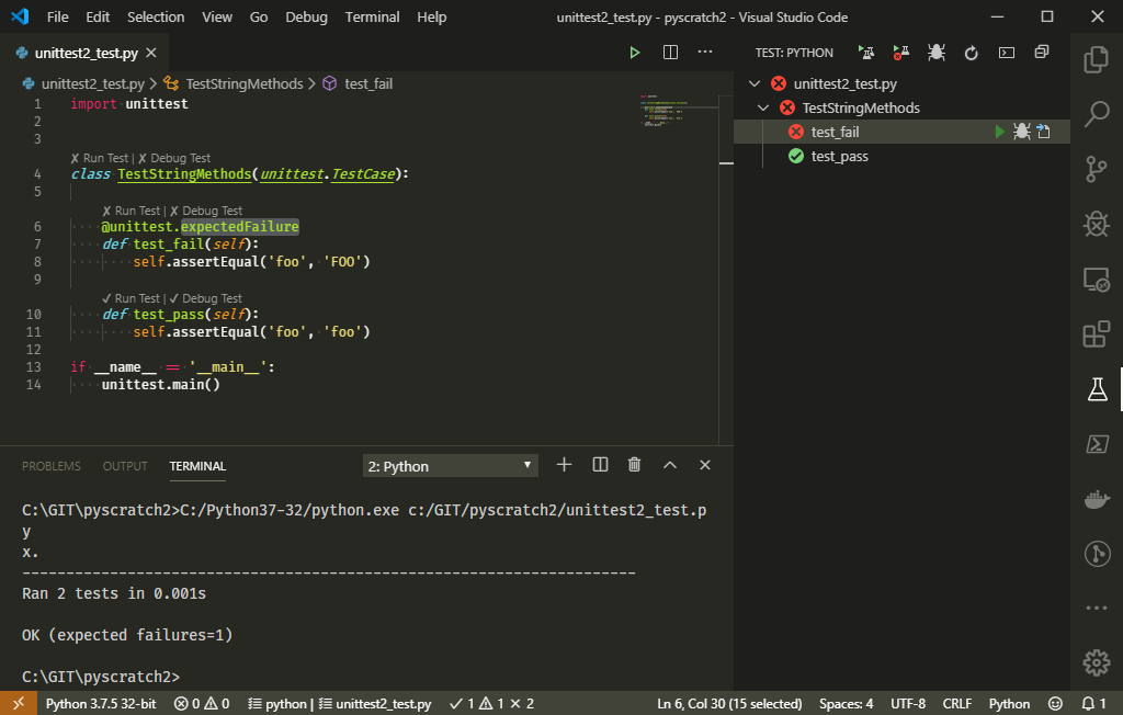 Visual Studio Code doesn't support attribute @expectedFailure (python ...