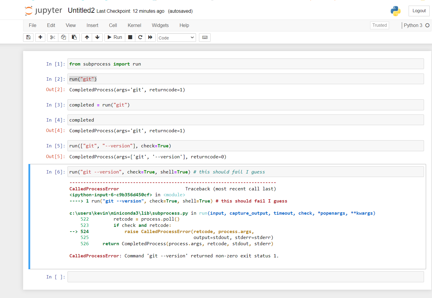 subprocess.run('git --version') returns '& was unexpected at this time.\n' and false error of ...