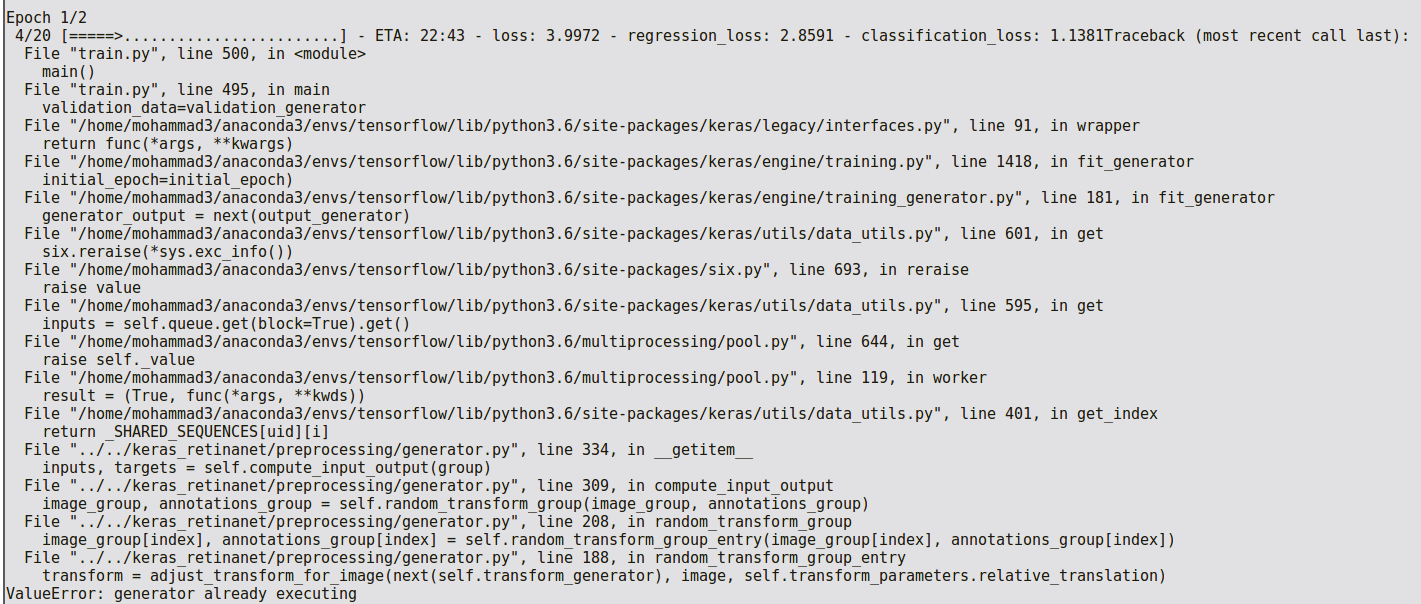 Error "ValueError: generator already executing" during training · Issue #1070 · fizyr/keras ...
