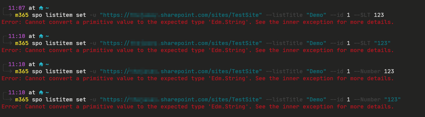 Bug report: "m365 spo listitem set" issues with Number and Single Line of Text · Issue #3405 ...
