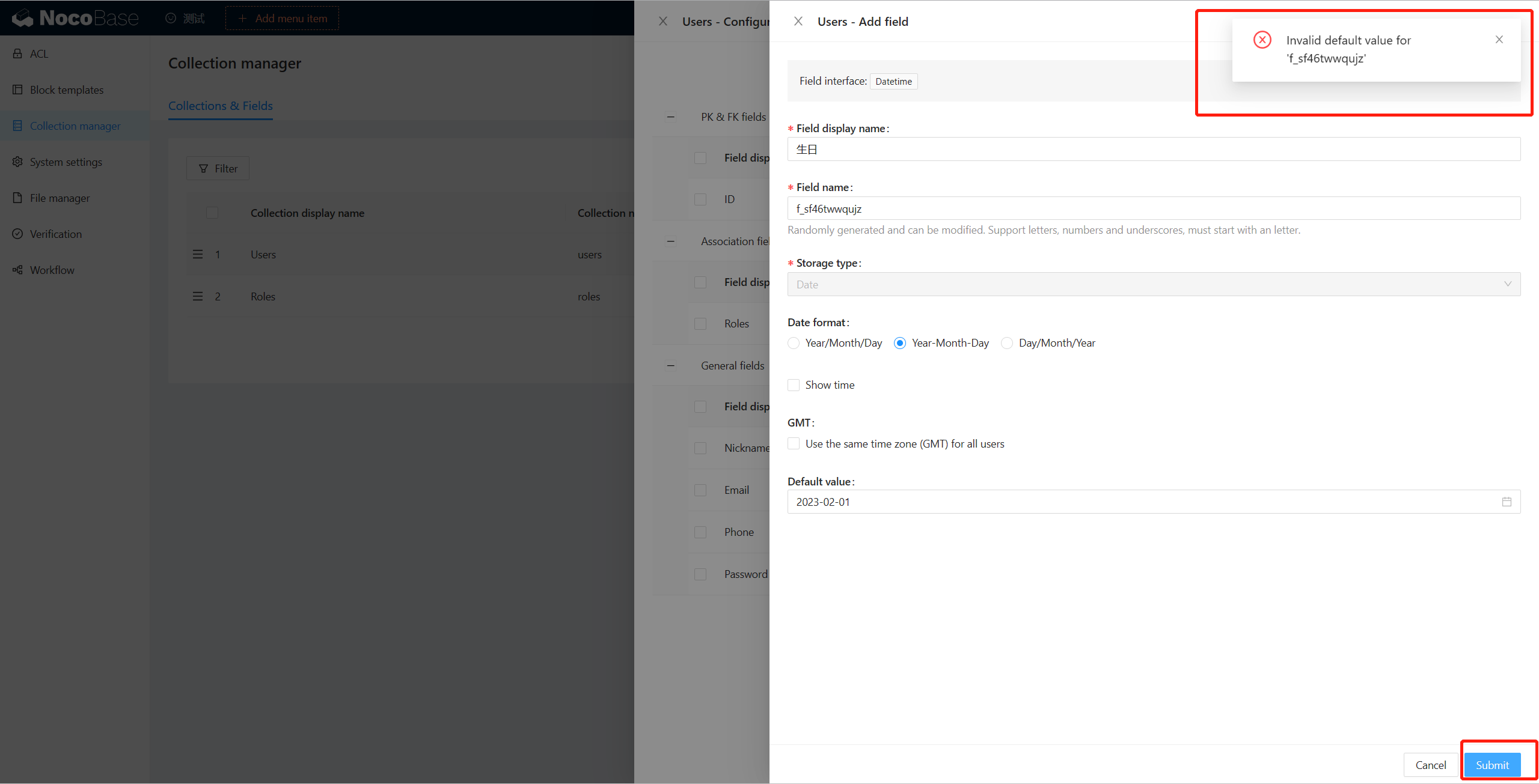 Bug: 增加 Datetime 类型的 field 时填入默认值，提交后会报错 · Issue #1420 · nocobase/nocobase · GitHub