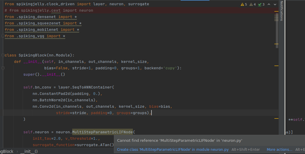 Cannot find reference 'MultiStepParametricLIFNode' in 'neuron.py' . How can I import ...