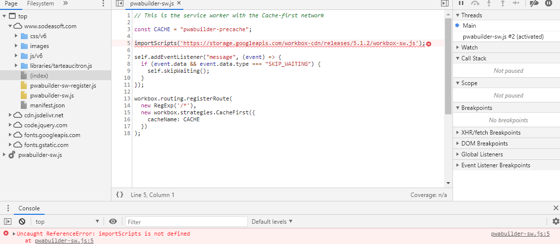 pwabuilder-sw.js : importScripts is not defined · Issue #1236 · pwa-builder/PWABuilder · GitHub