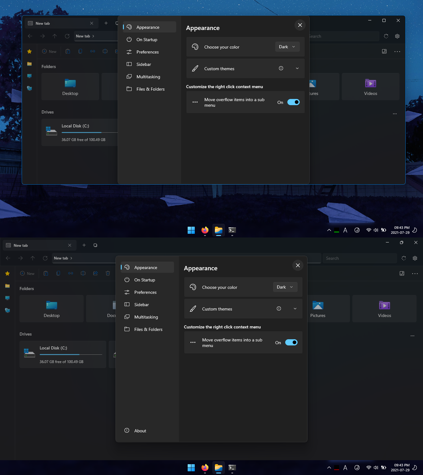 Some elements (like the About button) in the Settings window got hidden away when Files is not ...