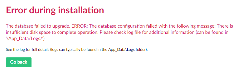 v7.15 to v8.1 database error: insufficient disk space · Issue #5858 · umbraco/Umbraco-CMS · GitHub
