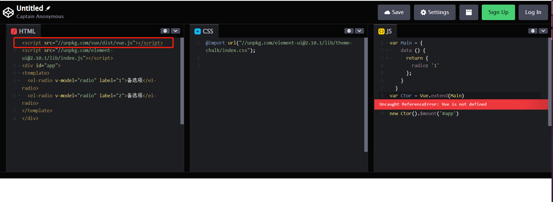 [Bug Report] element 文档在codepen上的案例引用的文件地址错误 · Issue #22371 · ElemeFE/element · GitHub
