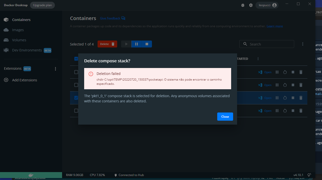 Deleting Group Of Conteiners That Have The Directory Deleted Chdir Failed The System Cannot