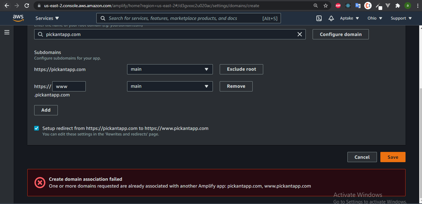 Create domain association failed !!! · Issue #1585 · aws-amplify/amplify-hosting · GitHub
