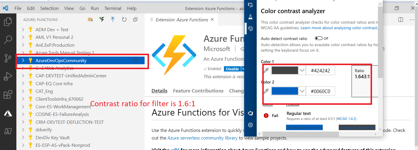 A11y_Azure Tools for VS Code [BM]_Select Sunscriptions_Non-Text Contrast: Color contrast ratio ...