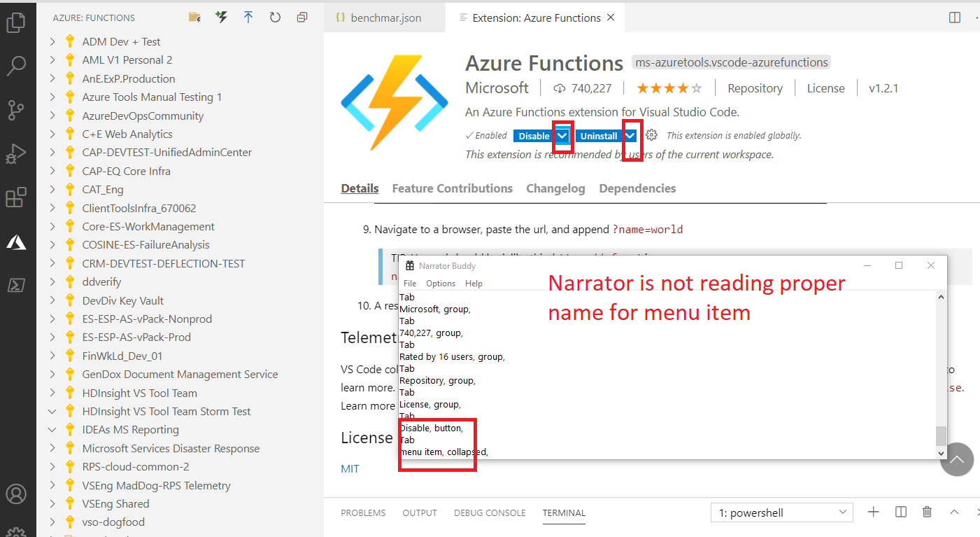 A11y_Azure Tools for VS Code [BM]_Default Screen_Screen Reader: NVDA/Narrator is not reading the ...