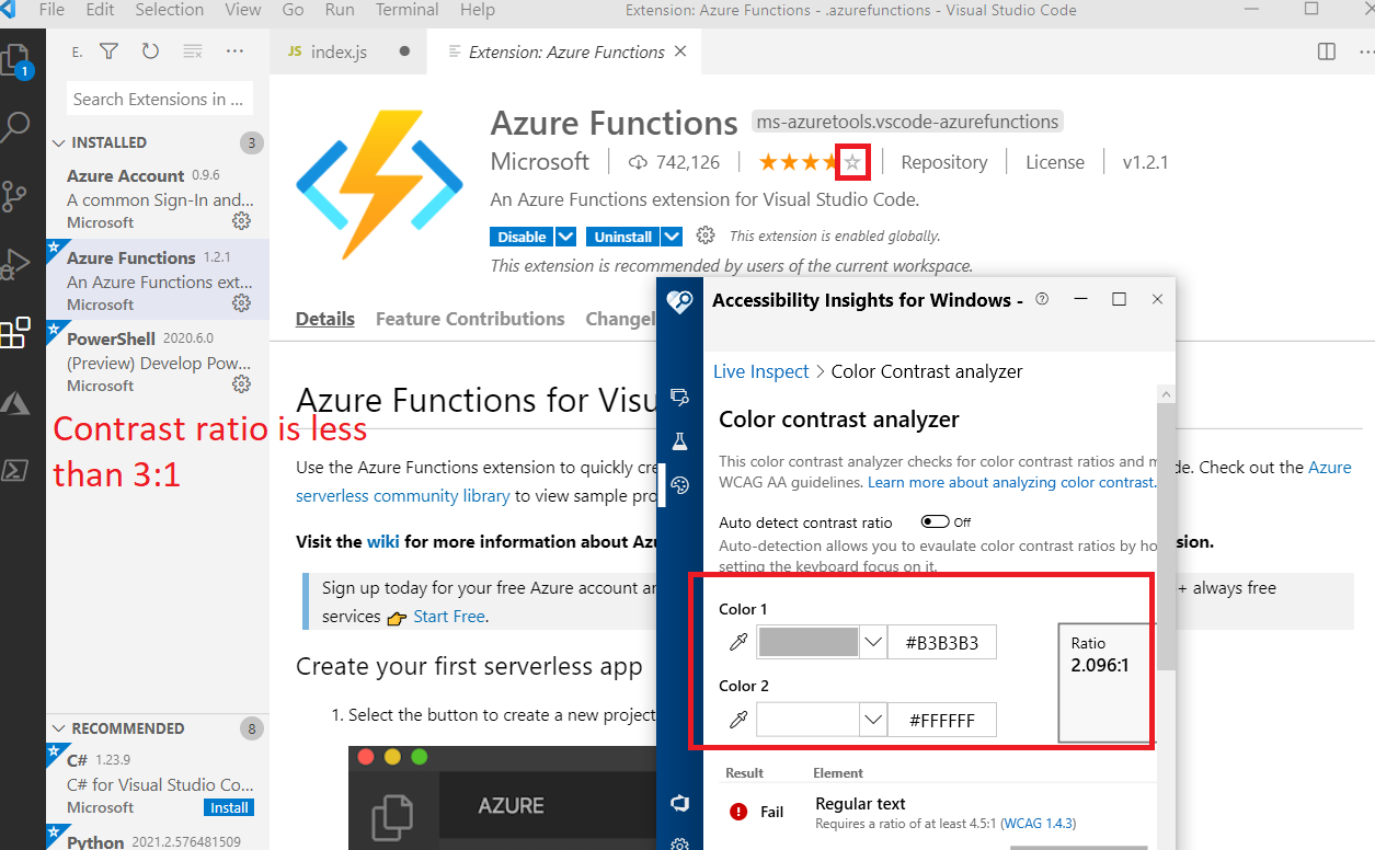 A11y Azure Tools For Vs Code [bm] Select Sunscriptions Non Text Contrast Color Contrast Ratio