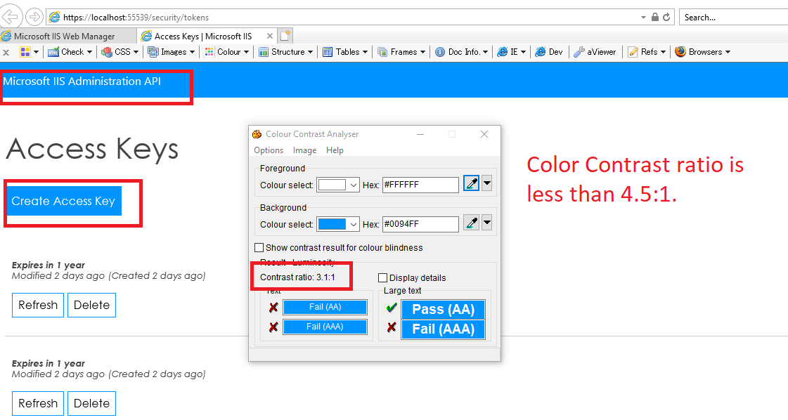 [Accessibility] A11y_Manage.IIS.Net_Access Keys_WAT: Color Contrast ratio for "White" foreground ...