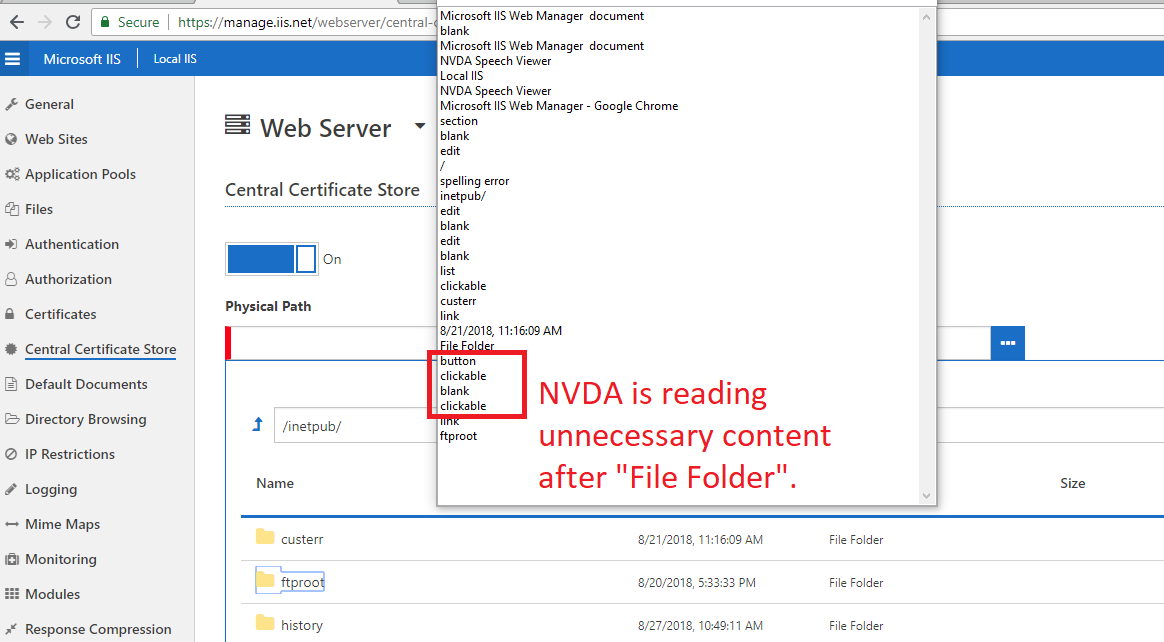 [Accessibility] A11y_Manage.IIS.Net_Central Certificate Store_Screen Reader: NVDA is reading ...