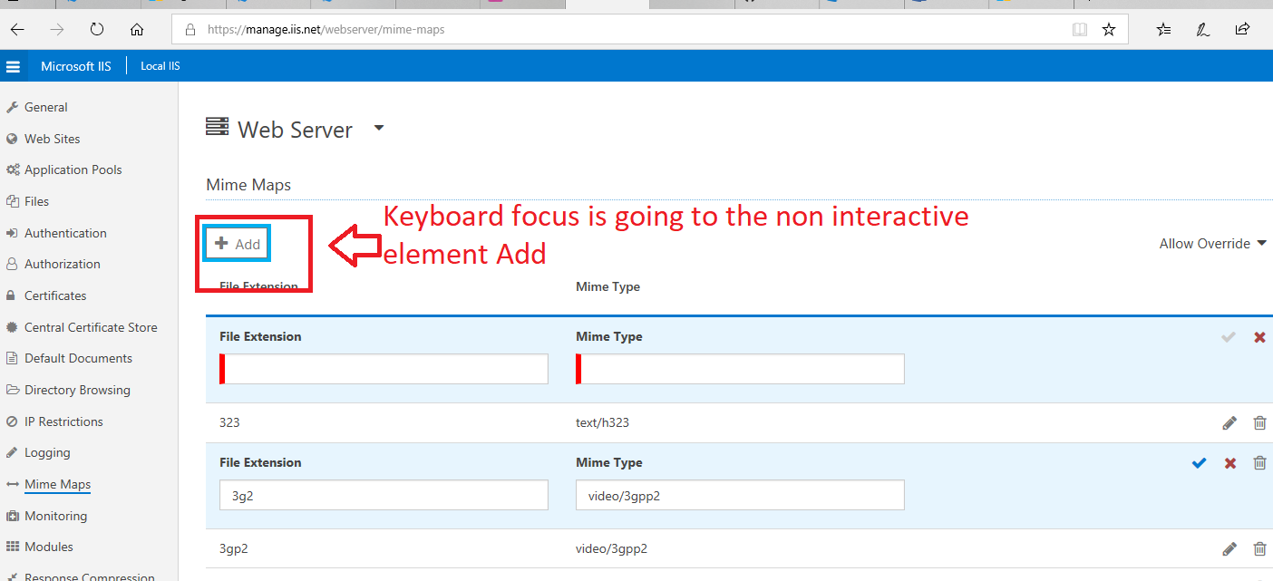 [Accessibility] A11y_Manage.IIS.Net_Mime Maps_Keyboard: Keyboard focus is going to non ...