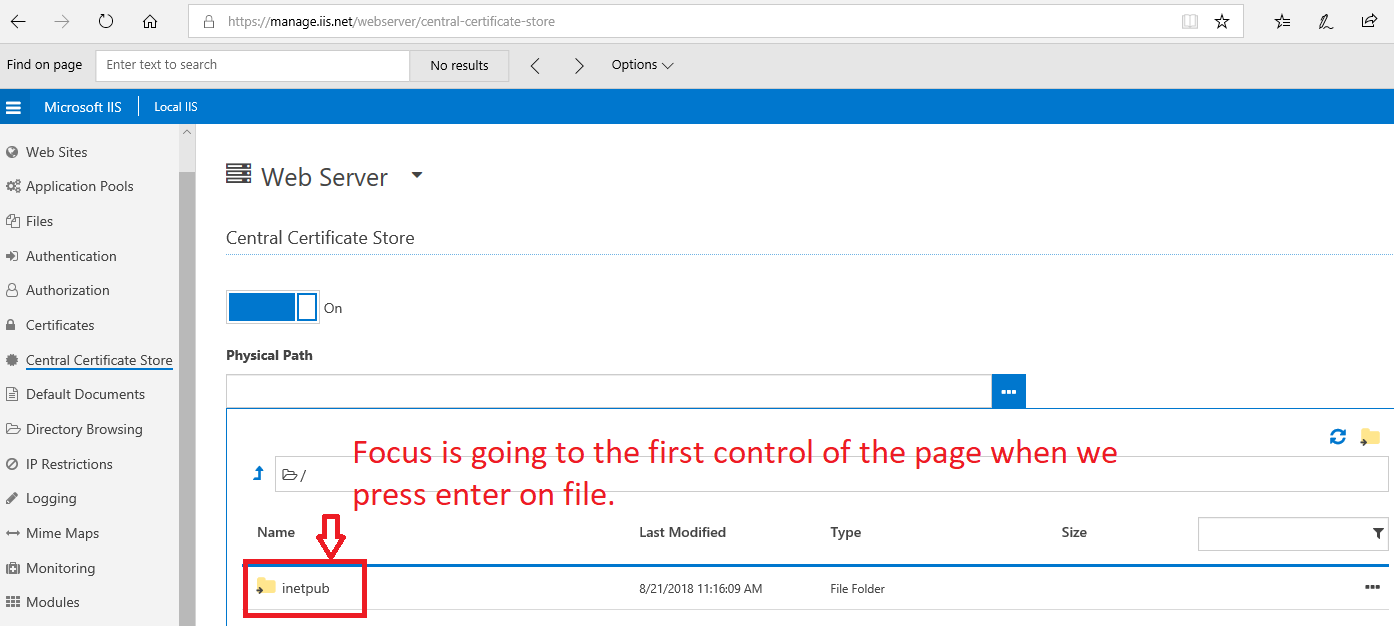 [Accessibility] A11y_Manage.IIS.Net_Central Certificate Stote_Keyboard: Keyboard focus is going ...