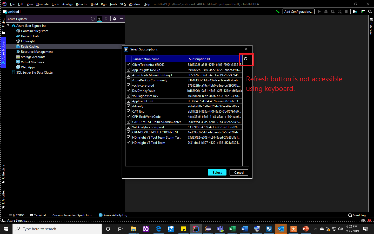 [Accessibility]A11y_Java Tooling for IntelliJ/Eclipse_ Select Subscriptions_ Keyboard: Refresh ...