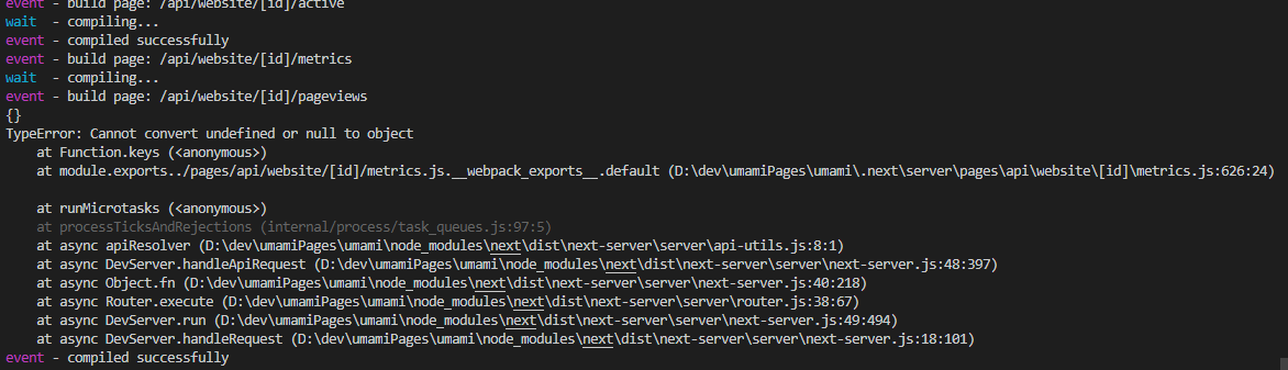 Error in endpoint api/website/[id]/metrics · Issue #82 · umami-software/umami · GitHub