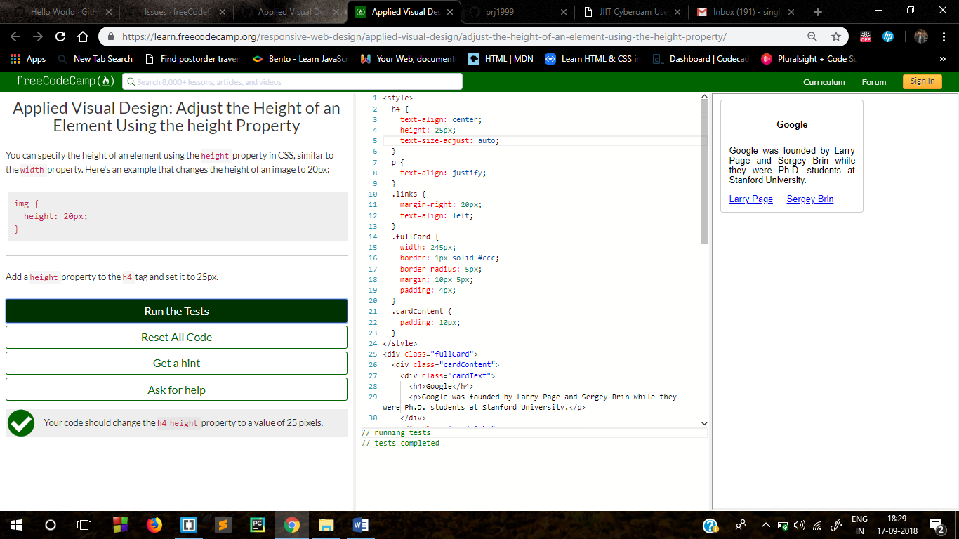 Applied Visual Design: Adjust the Height of an Element Using the height Property - correct ...