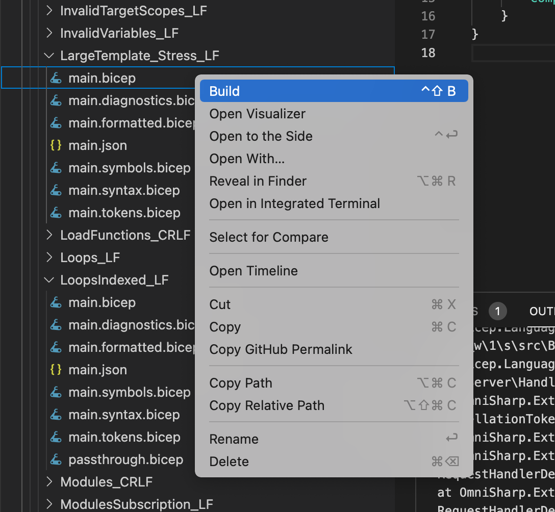Right-click + `Build` fails on the sidebar if the `.bicep` file is not currently open in VSCode ...