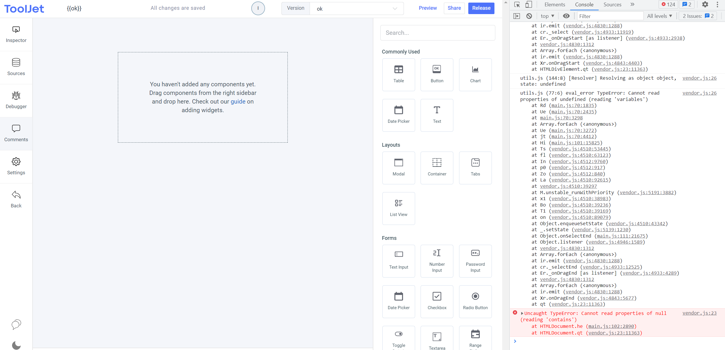 Can't add widgets to dashboard · Issue #4415 · ToolJet/ToolJet · GitHub