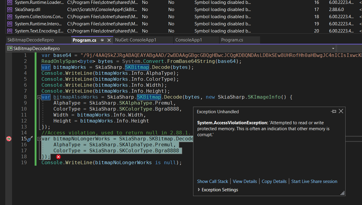 SKBitmap.Decode access violation w/ Span and SKImageInfo · Issue #2634 · mono/SkiaSharp · GitHub