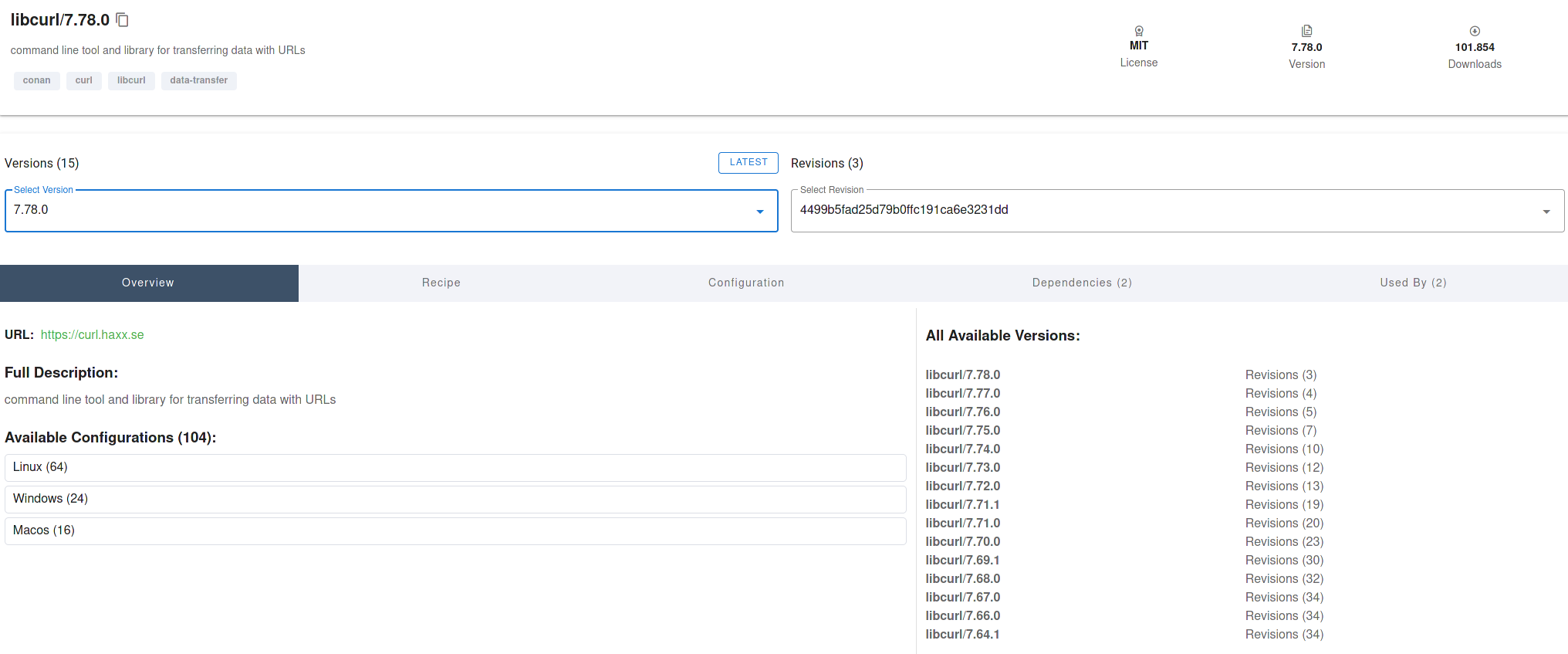 [conan.io/center] Latest package version of some packages from the Web ...
