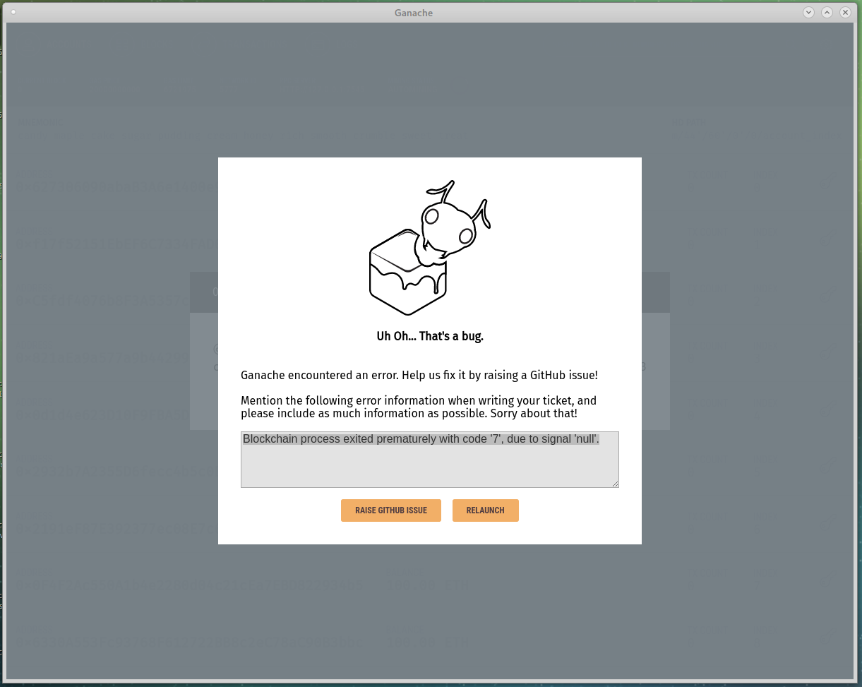 Blockchain process exited prematurely with code '7', due to signal 'null'. · Issue #274 ...